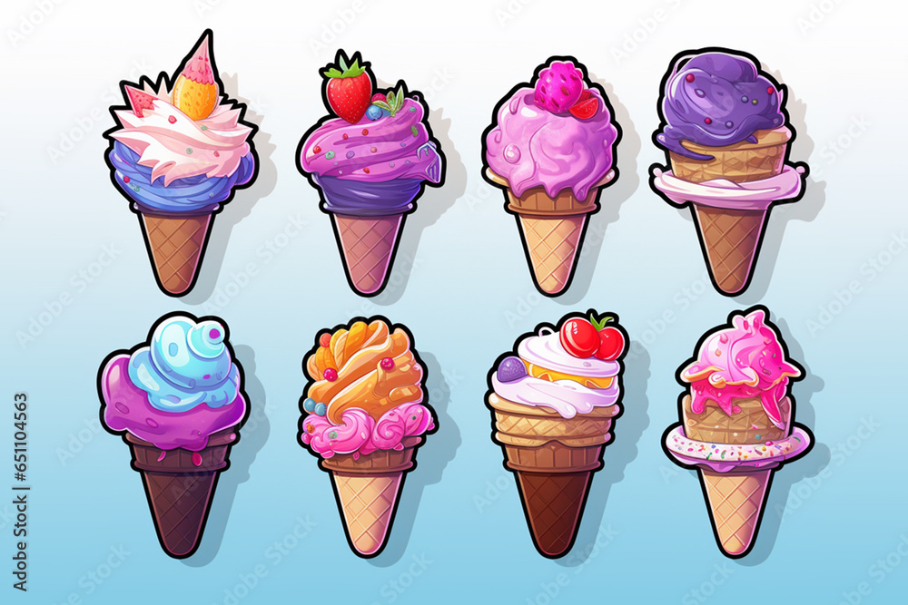 Ice cream Stickers, Flat cute ice cream cone sticker pack, A set of ice ...