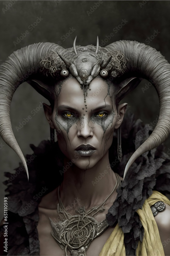 a beautiful bald goth goddess with a rams horn headdress sticking out ...