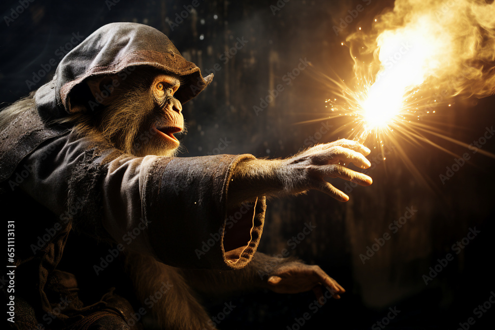Generative ai collage photo of powerful monkey wizard using dark magic ...