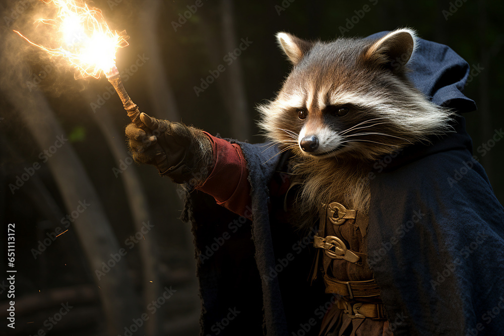 Generative ai collage photo of powerful raccoon wizard using dark magic ...