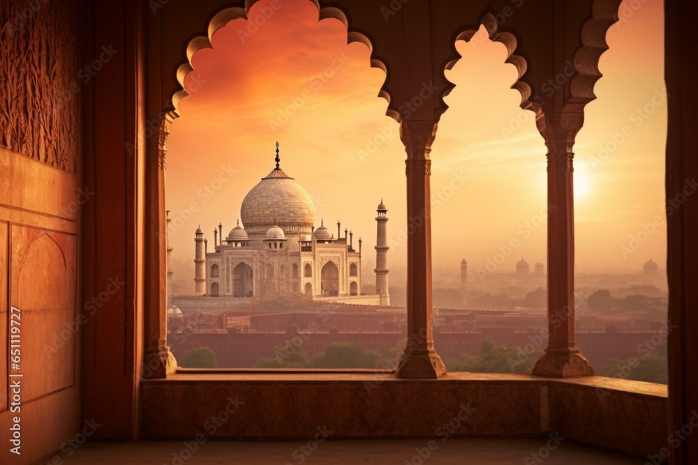 Medieval Indian fort of red sandstone and marble with dome view at ...