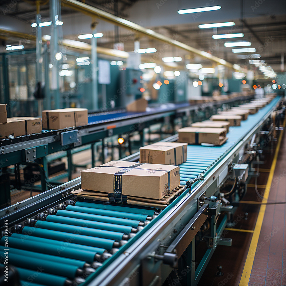 Box in the industrial production process in conveyor belt line, factory ...