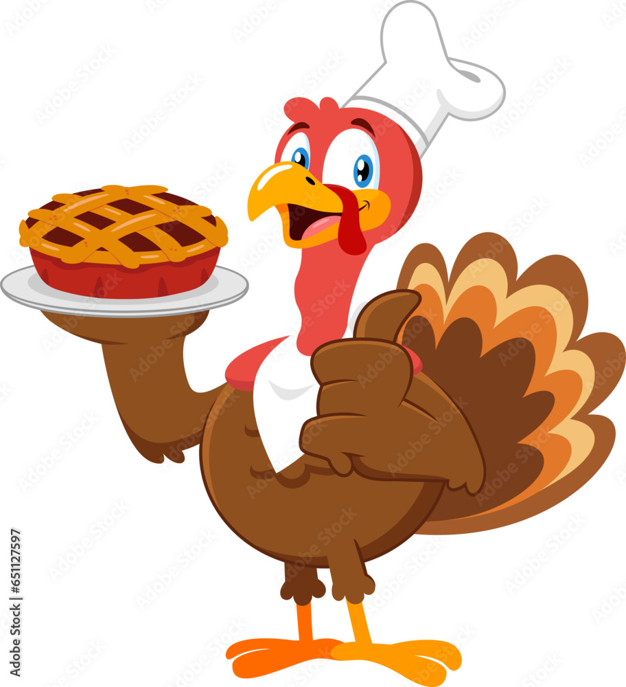 Cute Turkey Chef Cartoon Character Serving Perfect Pie And Giving The ...