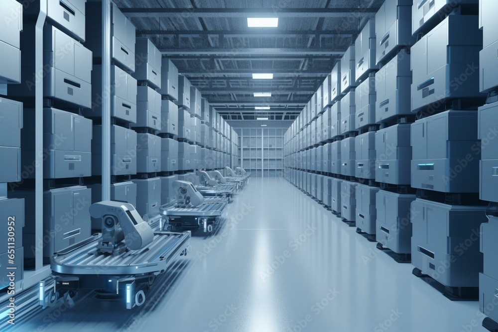 3D automated warehouse robots and smart warehouse technology concept ...
