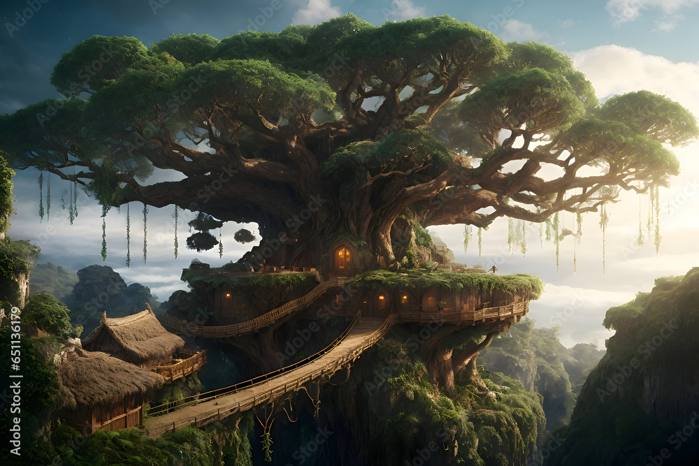 A colossal, ancient tree with a sprawling treehouse village in its ...