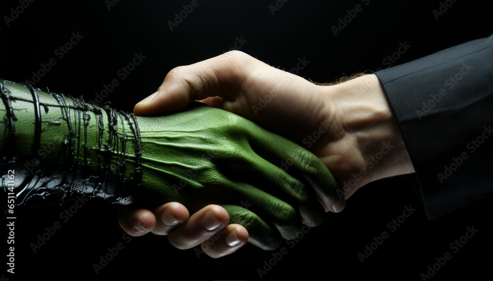 Reptilian handshake with a man, greeting of two men, close-ups of hands ...