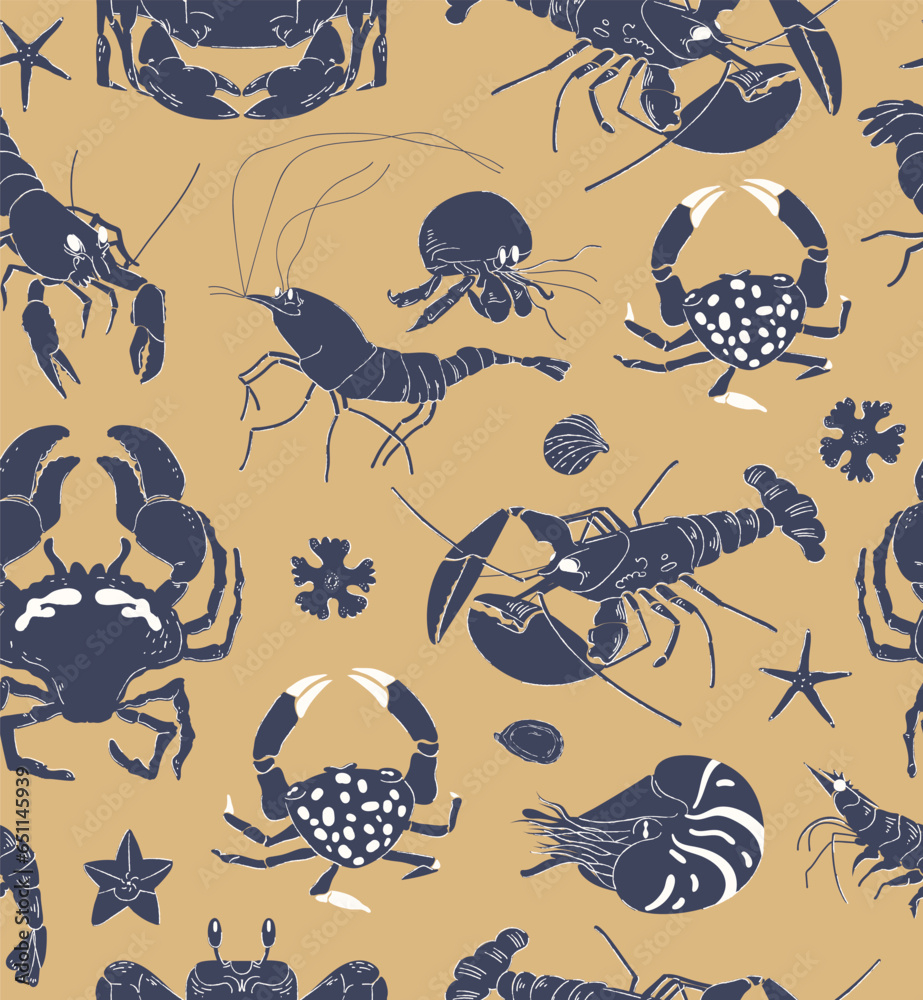 Seamless vector pattern with animals under water. Crab, shrimp, lobster ...