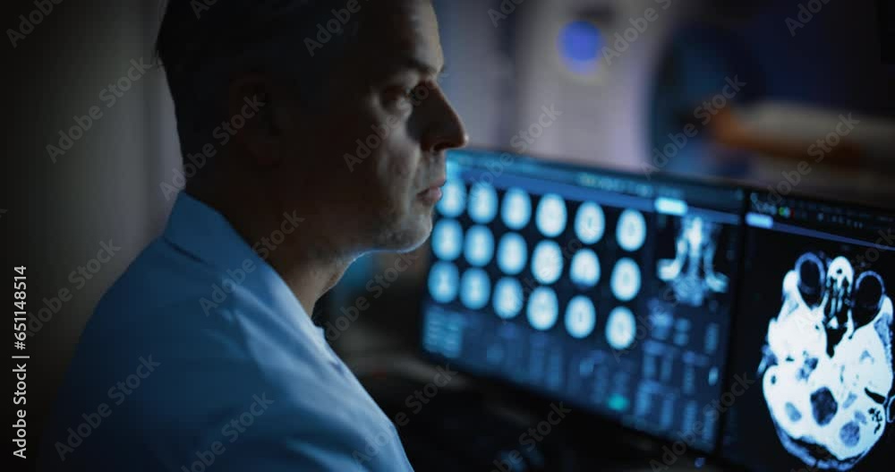 Medical Hospital Research Lab: Male Medical Scientist Using Computer ...