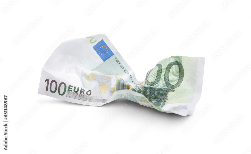 A crumpled 100 Euro banknote lying on the ground after being thrown ...