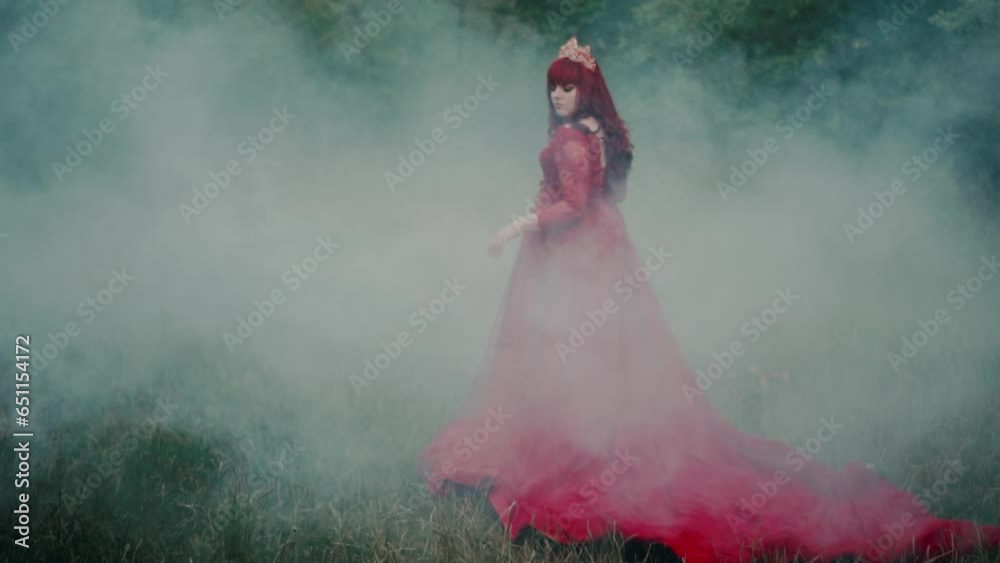 fantasy woman walks in thick fog gothic dark forest, red dress long ...