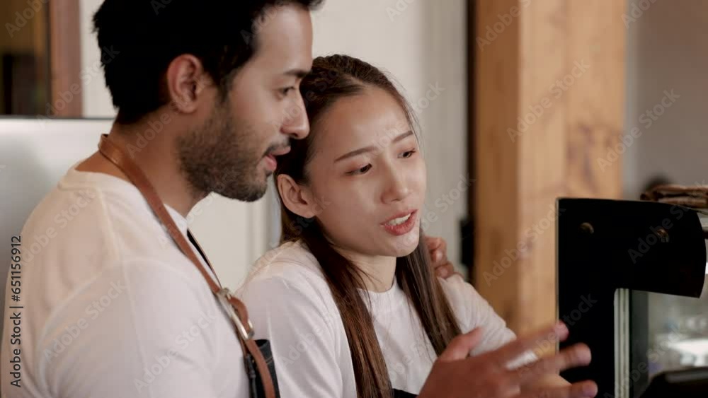 Multicultural happy Indian Hispanic husband and Asian wife open ...