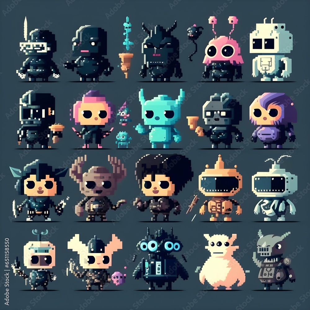 cute 8 bit avatars creatures robots genius big brains full body flat ...
