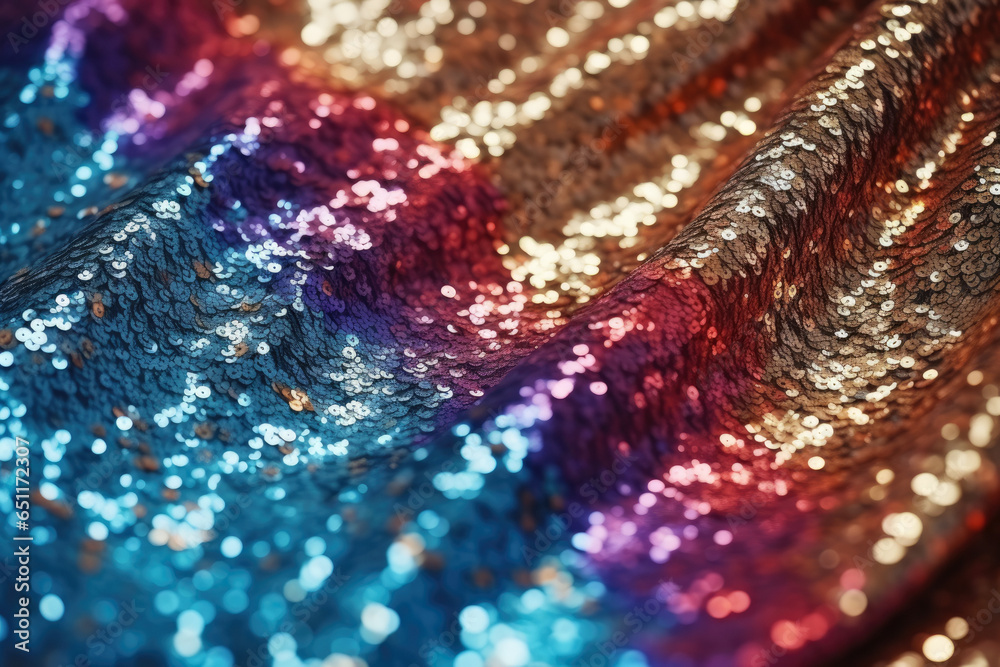 Glitter-covered fabric shimmers in a glistening macro closeup ...