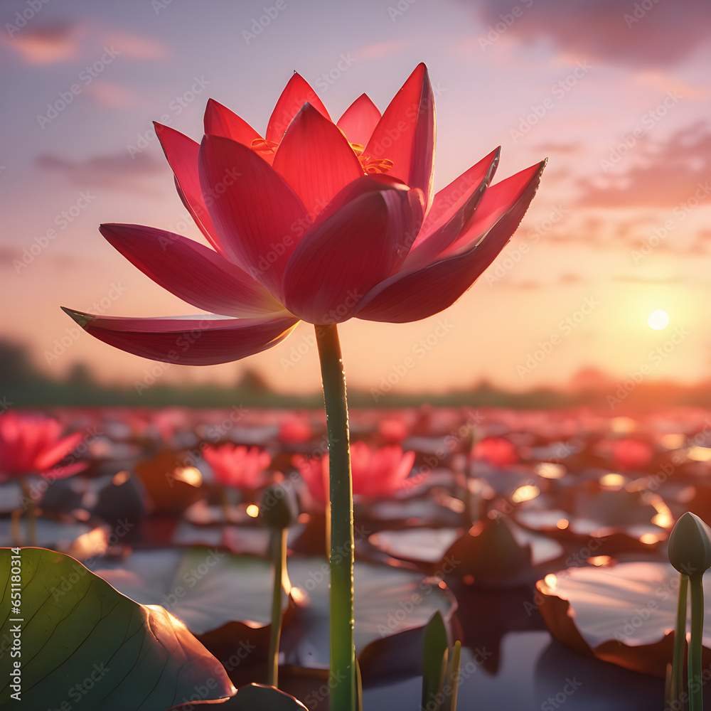 Lake with red lotus flowers. A water lily sprout with buds that are ...