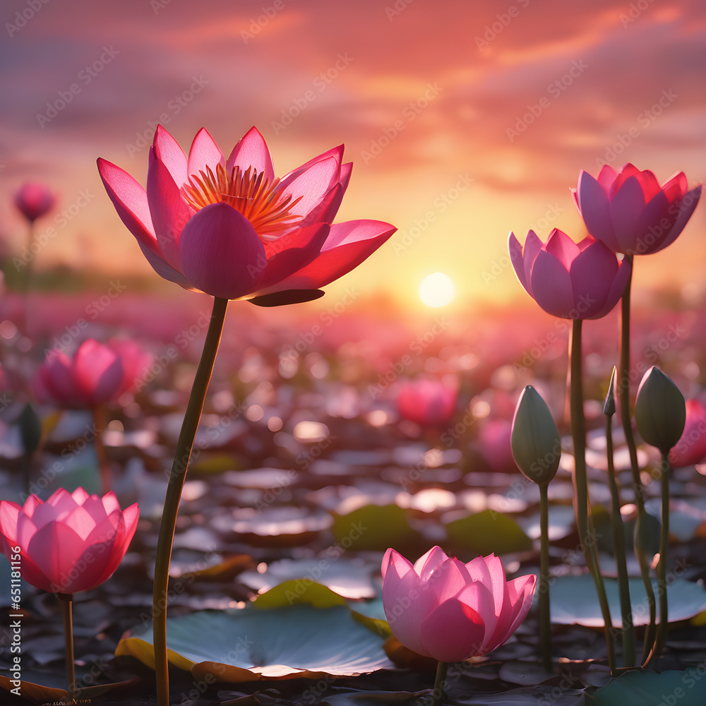 Lake with red lotus flowers. A water lily sprout with buds that are ...