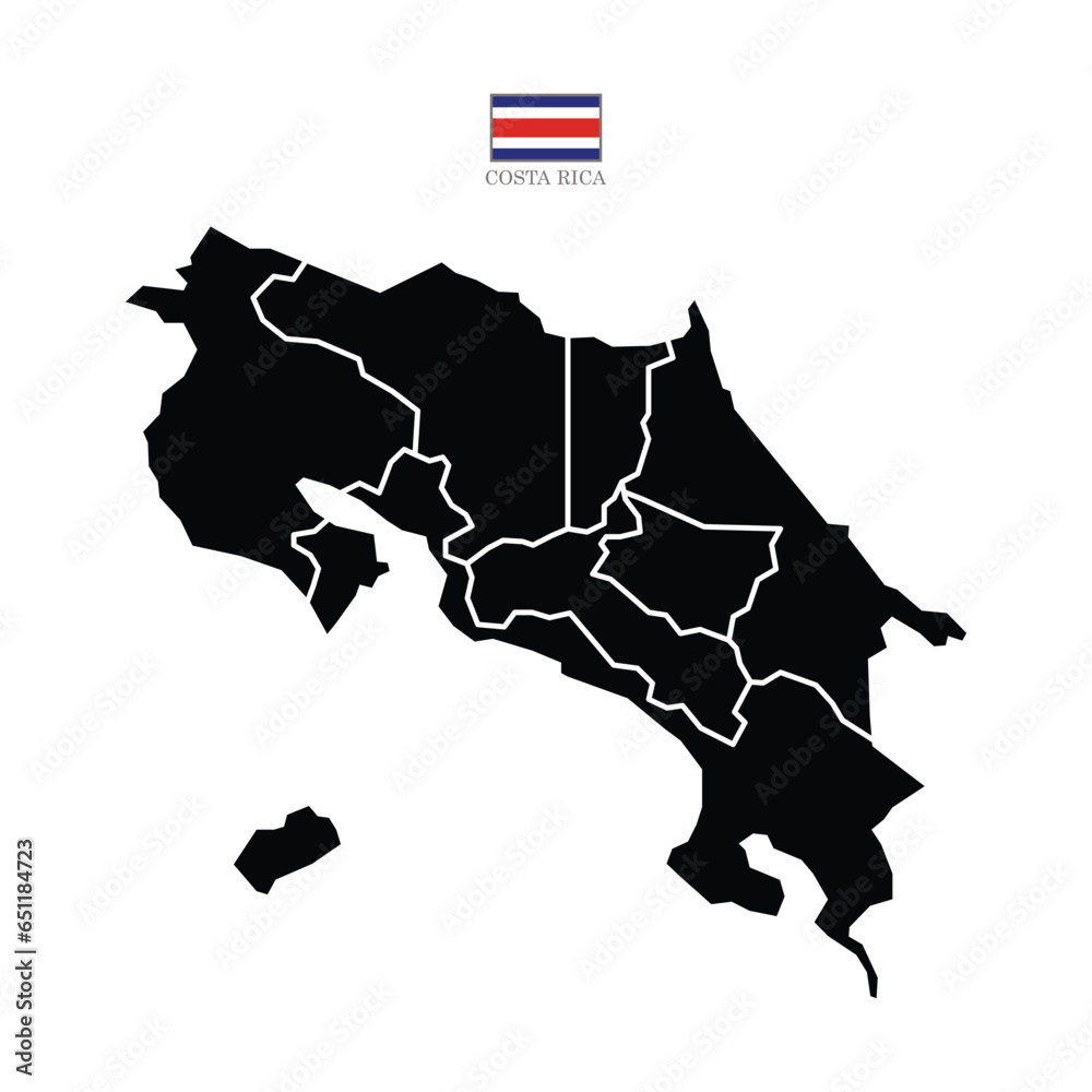 Costa rica contour vector map with state, black-white, flag in color ...