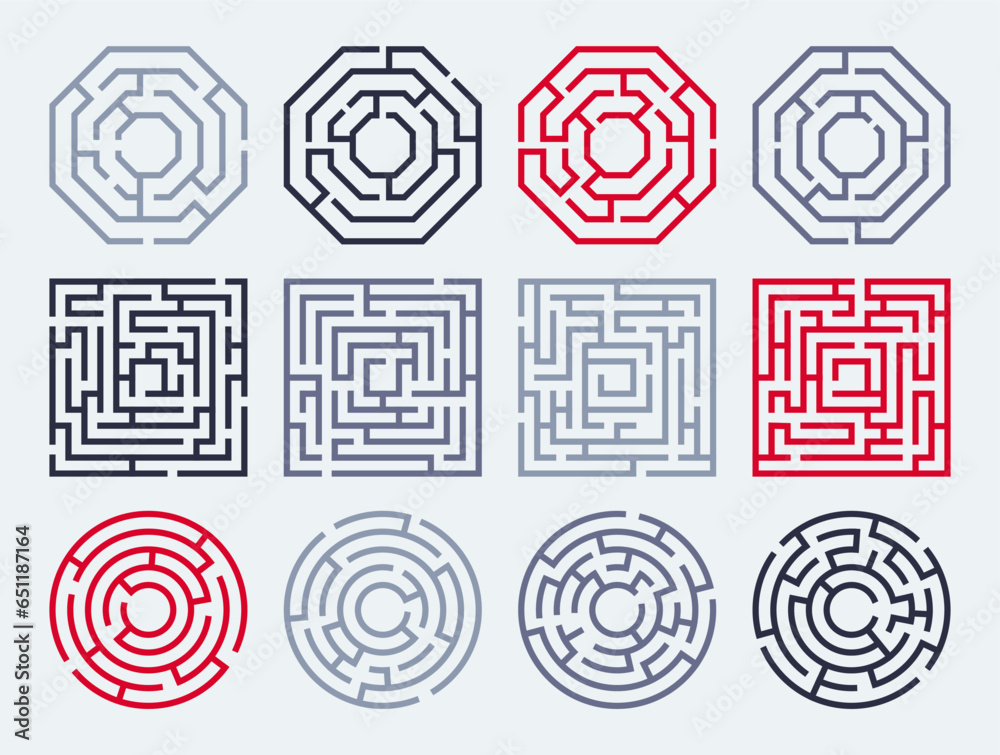 Labyrinth symbols set. Maze path complicated linear pictogram, maze ...