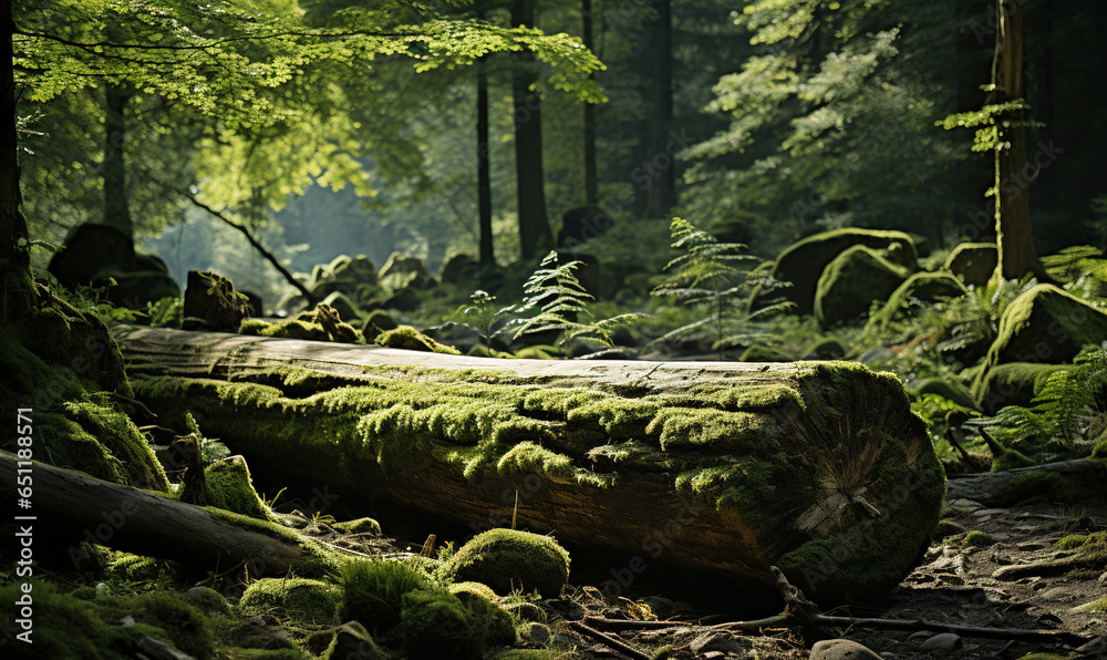Natural beauty forest background with a huge log overgrown with green ...