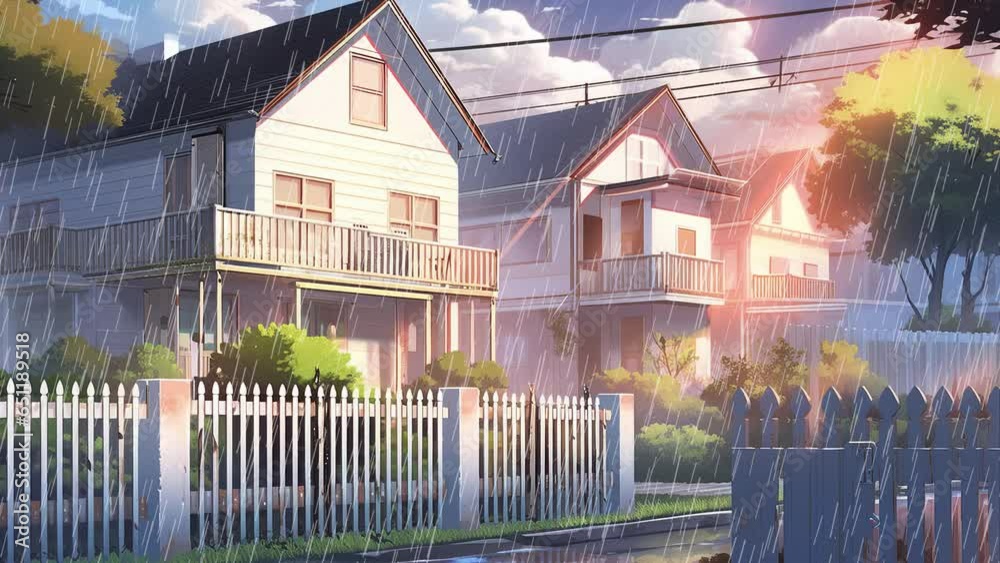 Suburb, dawn, two-story house rain, water puddle, anime animation vídeo ...