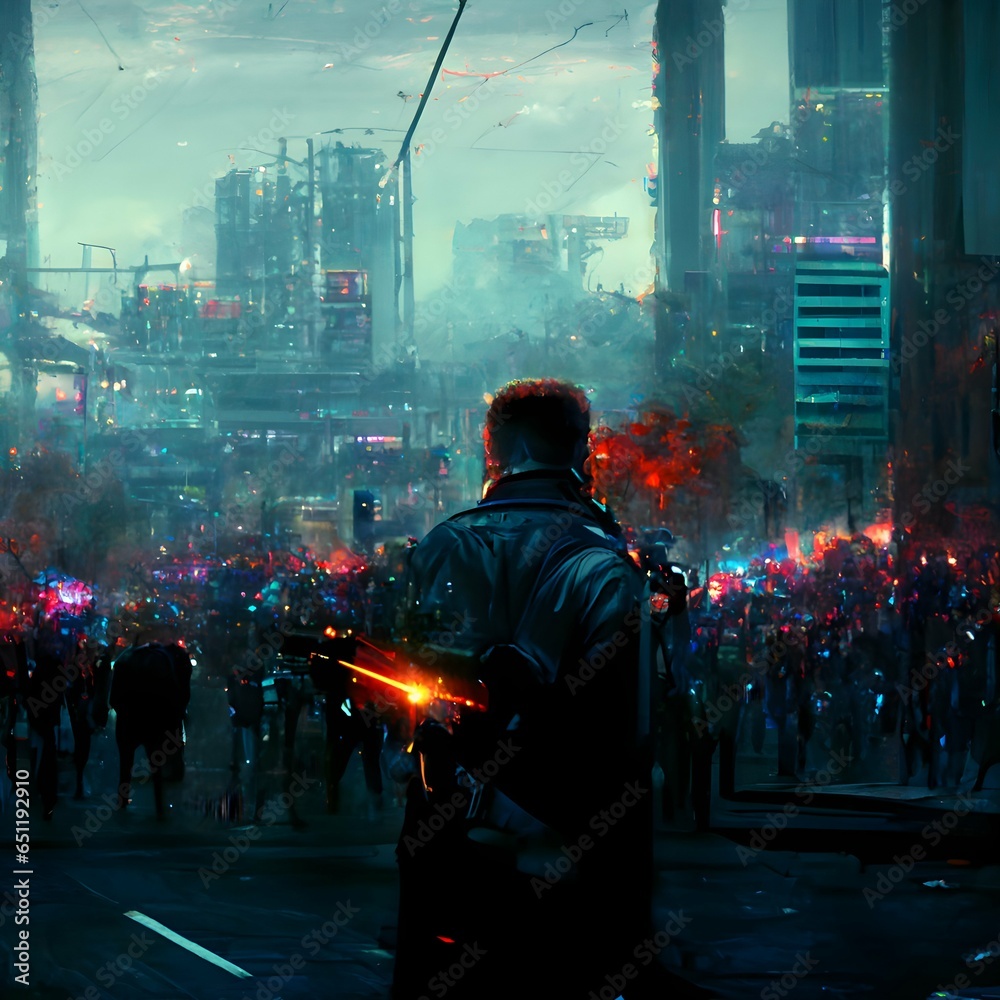 terminator cyborg man shooting a rifle gun with gun fire sparks coming ...