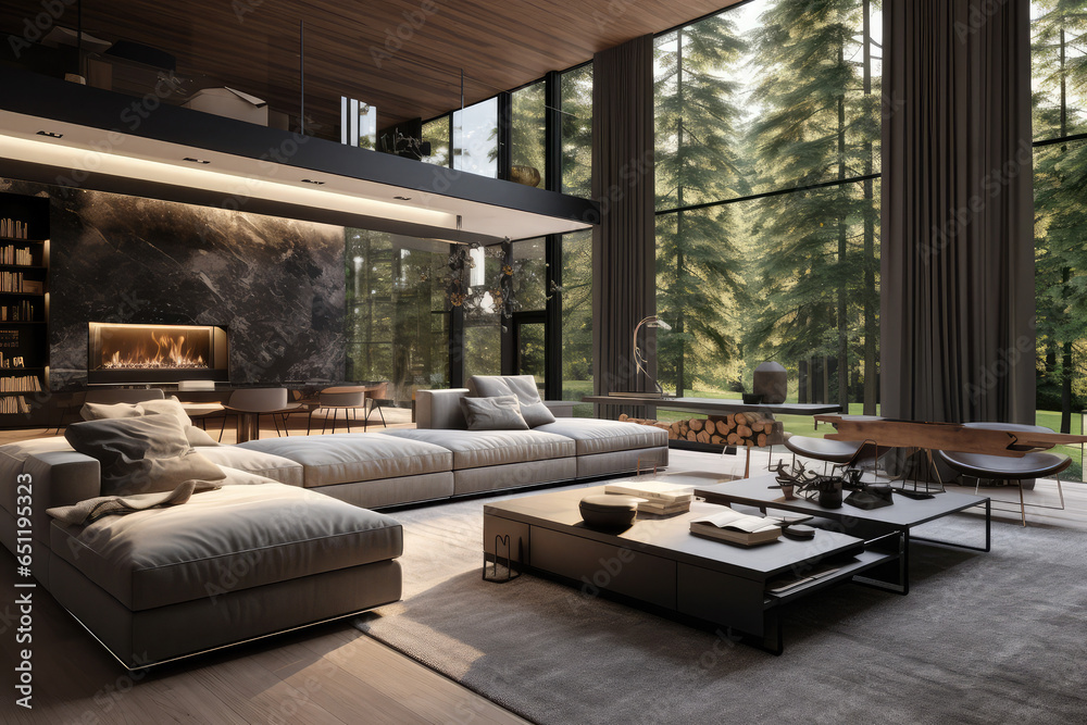 modern open floor plan living room with large glass windows Stock ...