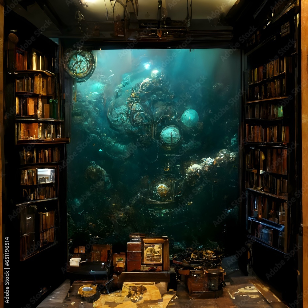 steampunk oceanographer study maps crowding the walls bookshelves ...