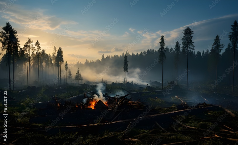 Foto de Forest damage due to illegal logging, deforested area, sign of human impact do Stock ...