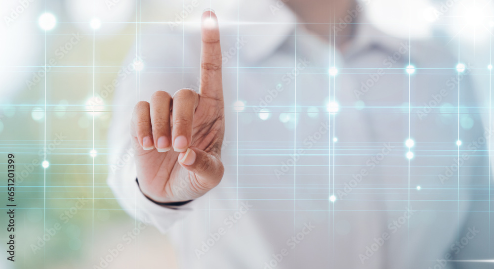 Finger, interface hologram and business person with hand gesture for ...