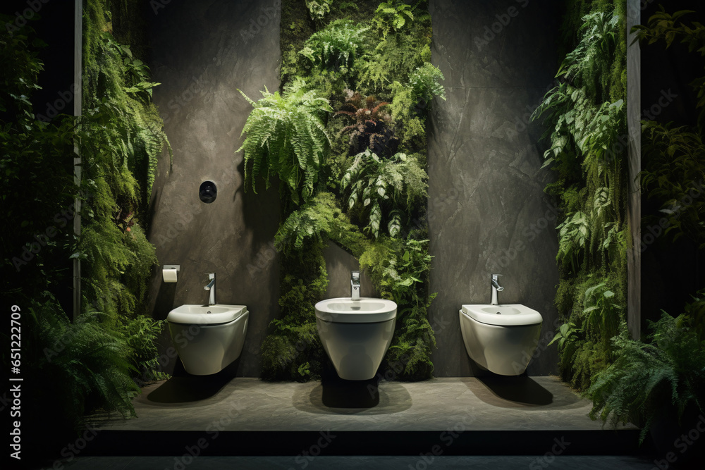 Eco-friendly modern restroom with lush greenery. Clean and green ...