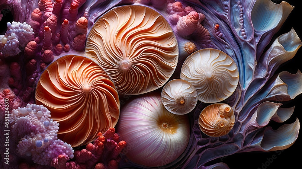 Fantasy underwater corals, seashells, mollusks and shells in pink ...