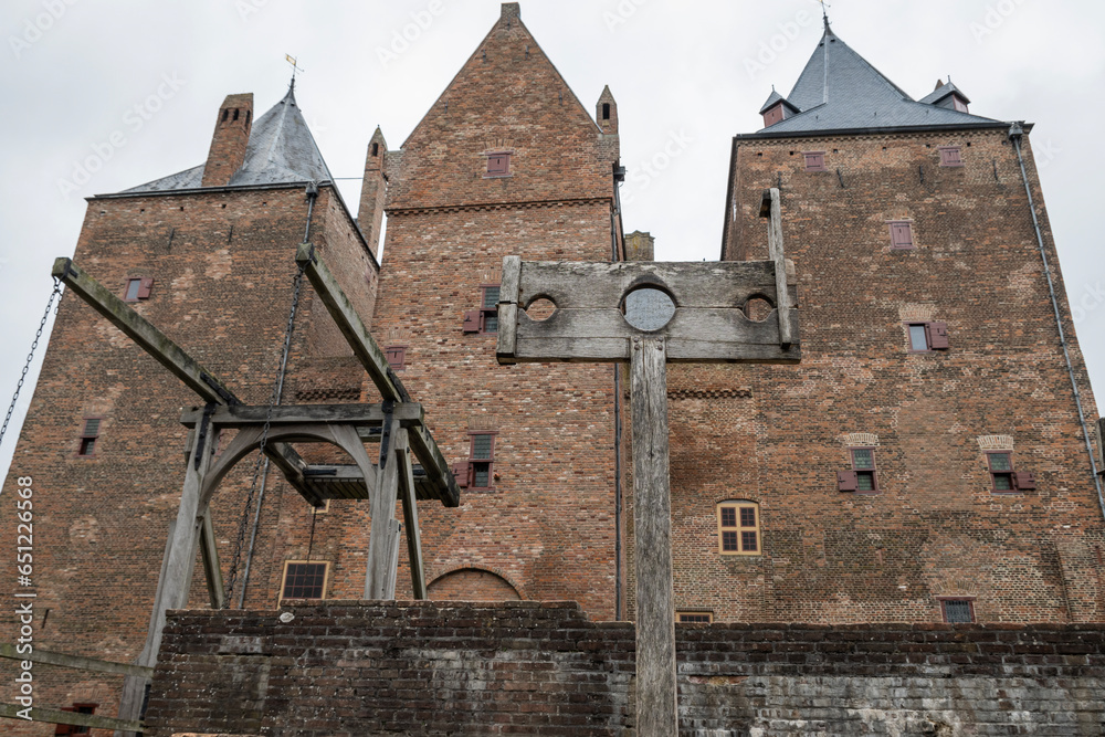 pillory stocks medieval torture device at Slot Loevestein castle fort ...