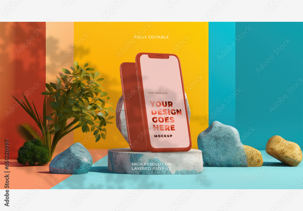 Red Smartphone on Colorfull Vivid Background and Stone Podium and ...