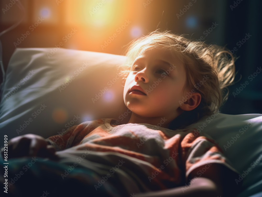 A sick boy lies on a bed in a dark hospital room. The boy was sick with ...