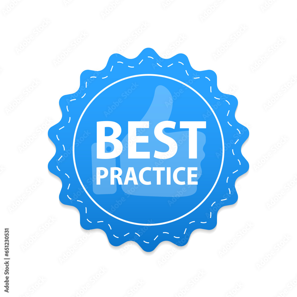Best Practice blue label with seam and ribbons icon isolated on white ...