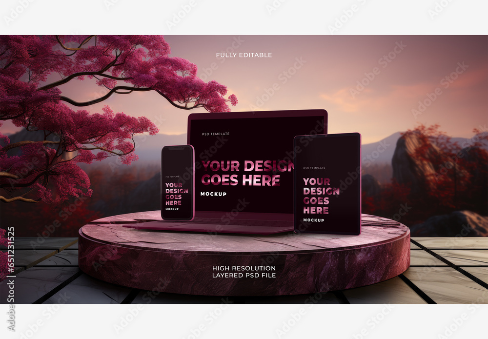 Magenta Purple Laptop with Smartphone and Tablet Mockups on Stone ...