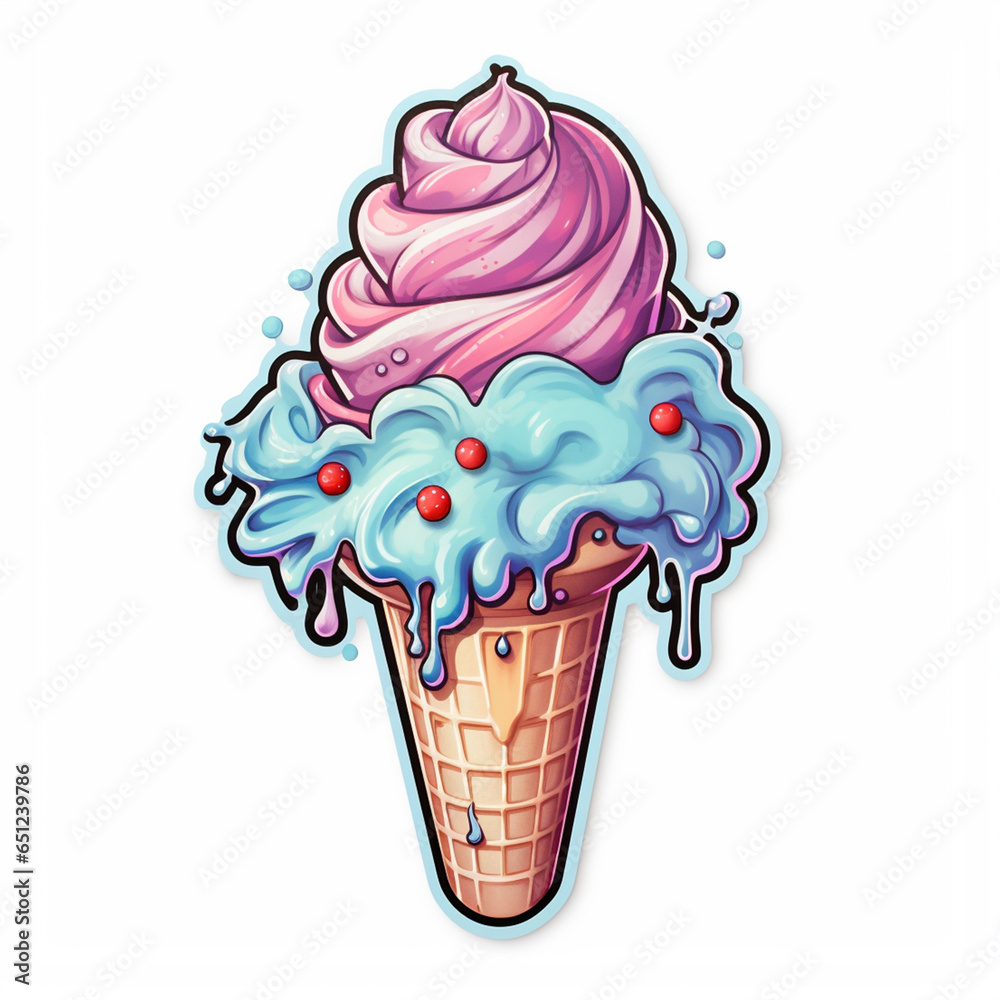 Ice cream Illustration, Flat cute ice cream cone sticker, One ice cream ...