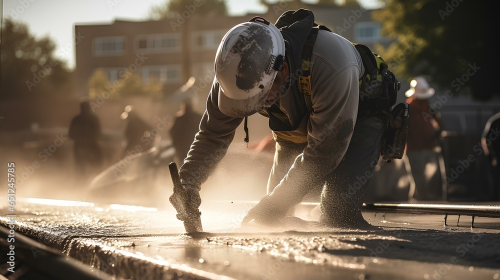 Dynamic shot of a worker pouring concrete, with a contrast between wet ...