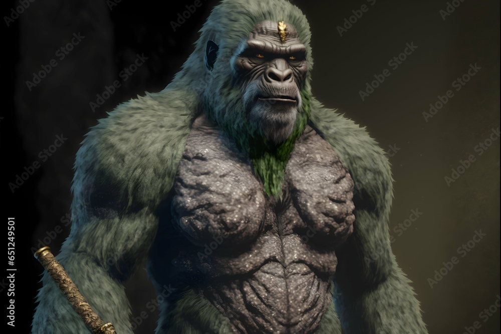 Muscular and slightly elderly Sasquatch white furred wearing a green ...