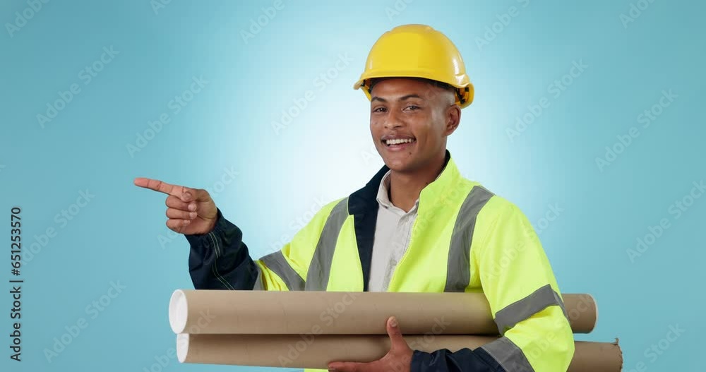 Construction worker, blueprint and man is pointing at list for ...