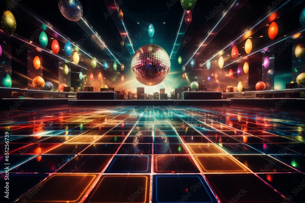 Illustration of a vibrant disco scene with a dazzling disco ball as the ...