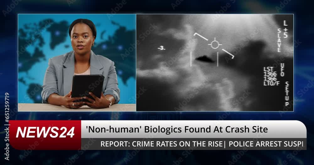 News, reporter woman and broadcast in tv studio for ufo flight, space ...