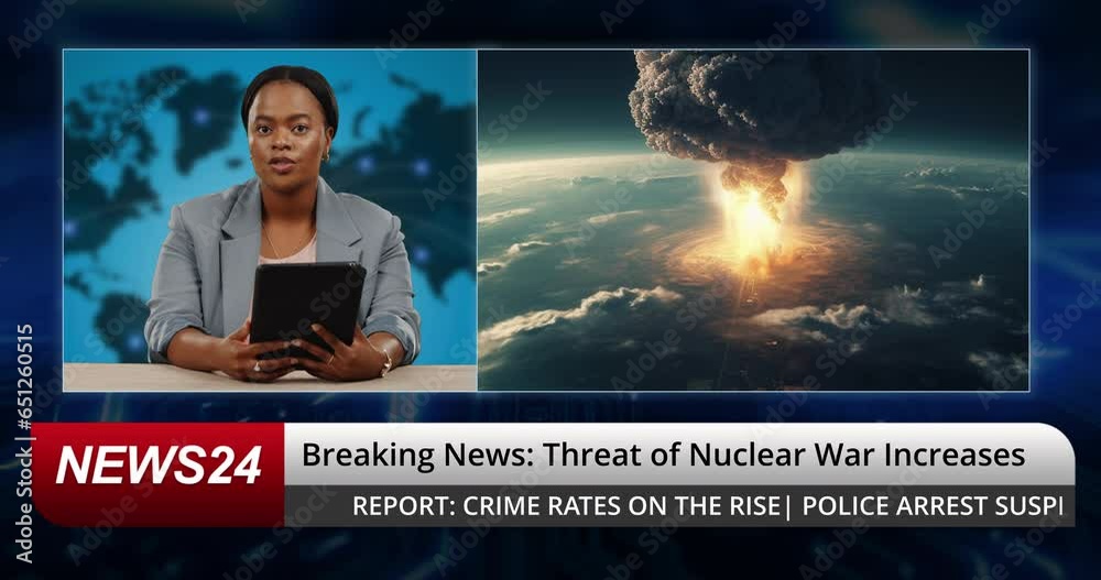 Breaking news, woman reporter and tv studio for war threat, nuclear ...