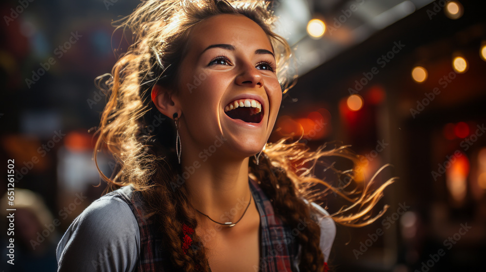 Exuberant Highland dancer radiating joy, mouth open in euphoria ...