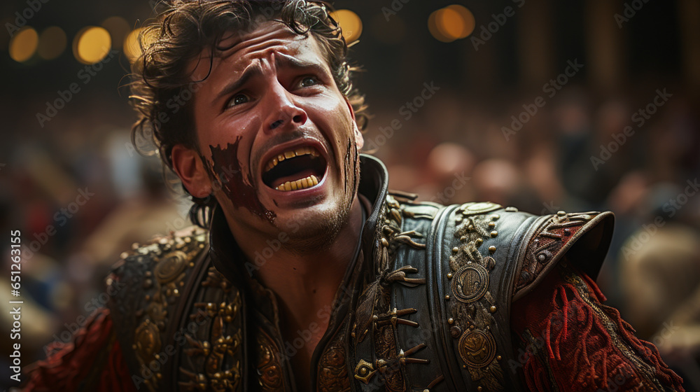 Vivid depiction of a frustrated bullfighter in the arena, exuding deep ...