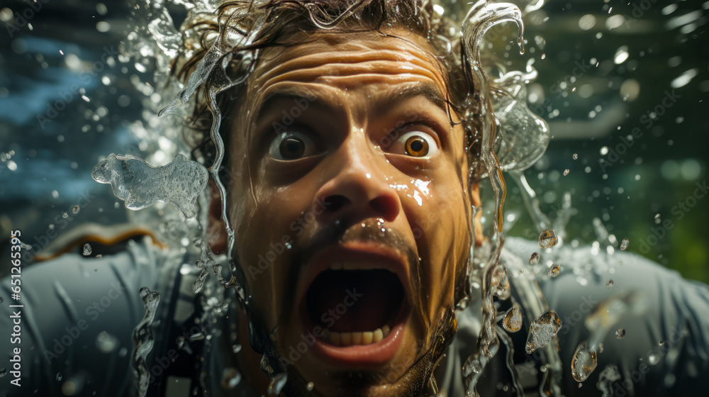 Incredulous swimmer caught off-guard in a pool, his furrowed brow ...