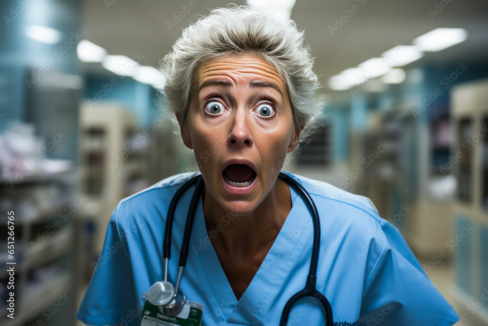 Unforgettable shocked nurse displaying extreme surprise evident through ...
