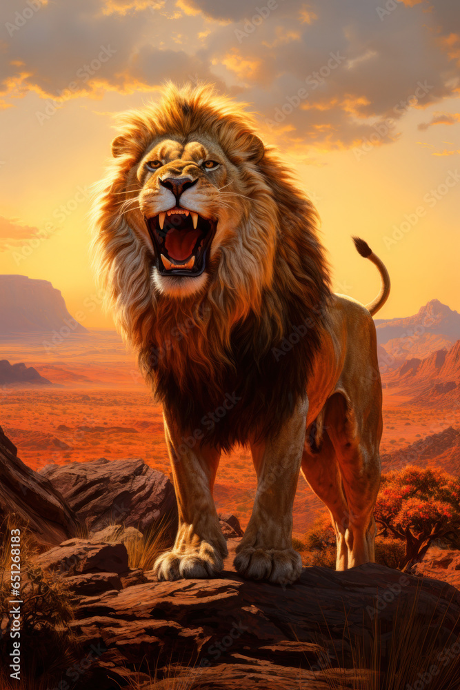 A majestic lion roaring in its natural habitat a symbol of power and ...