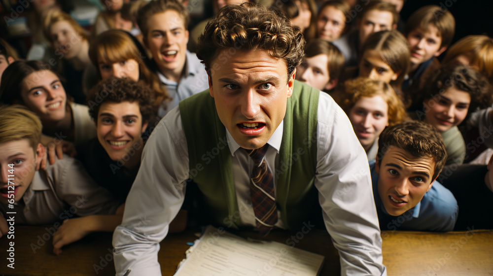 Apathetic teacher yawning in a classroom, uninterested while students ...
