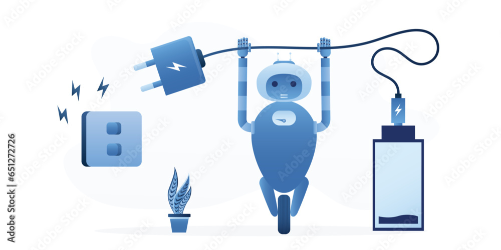 Overworked robot holds plug electric to recharge energy. Recharge low ...