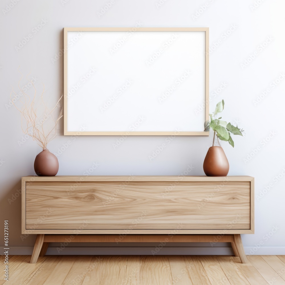 Picture frame mockup, horizontal wodden frame, hanging on a light grey ...